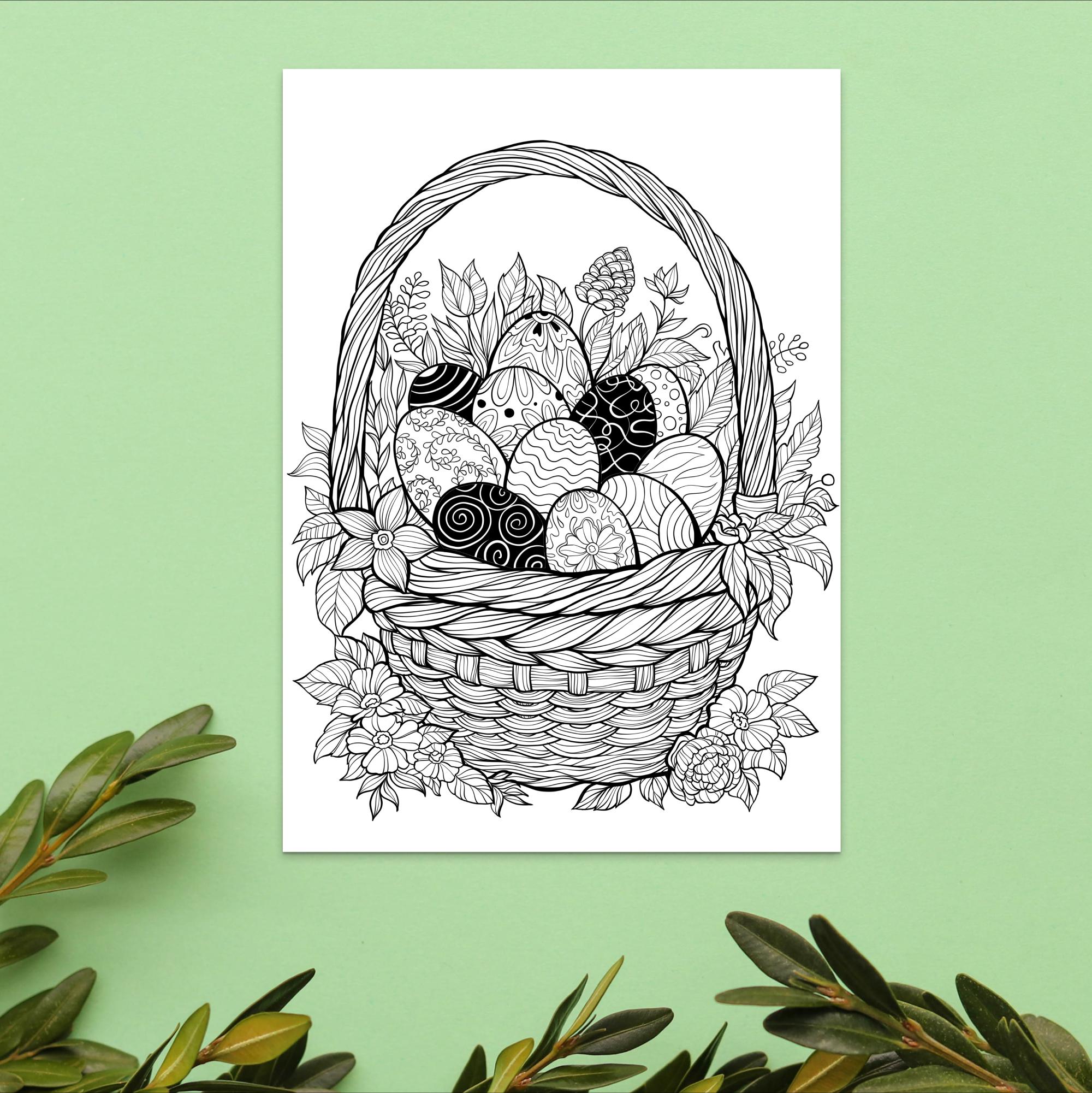 Easter Basket Printable Coloring Page | Happy Easter Adult Coloring ...