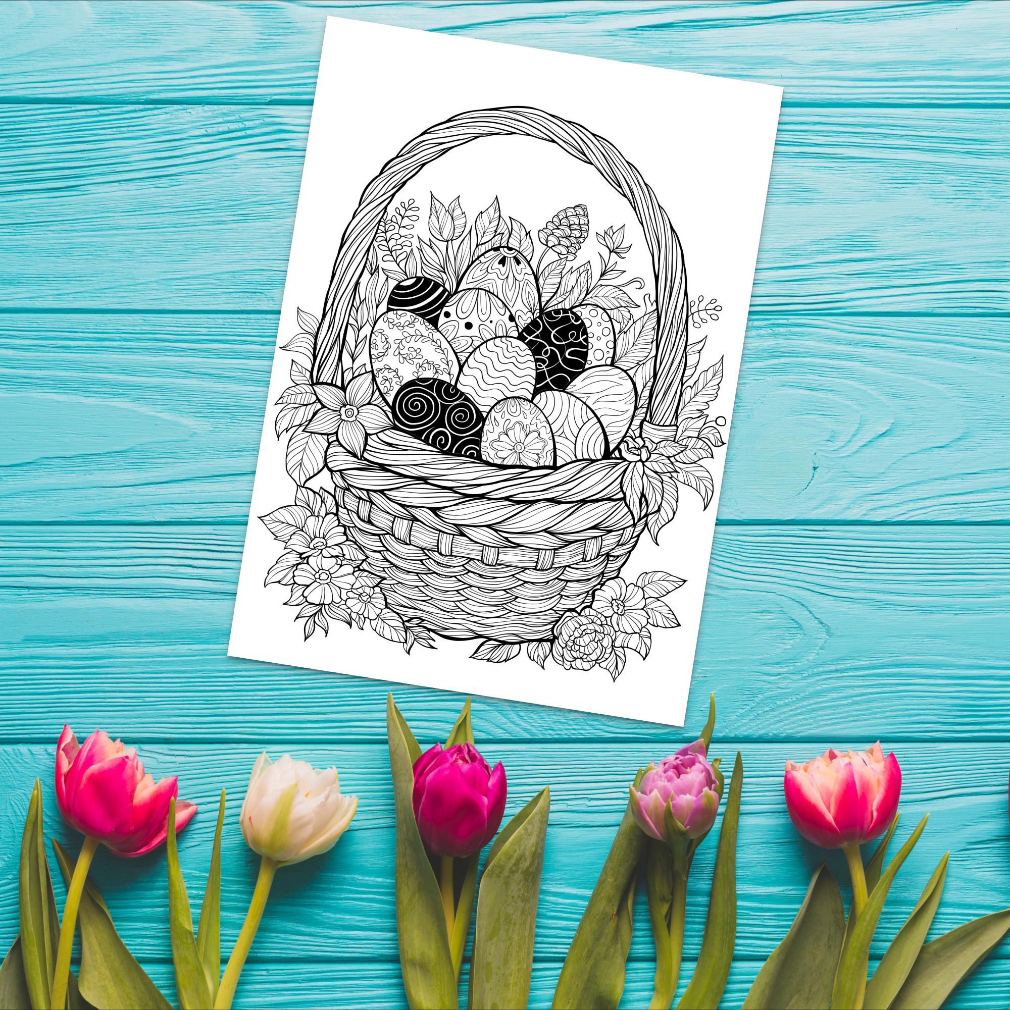 Easter Basket Printable Coloring Page | Happy Easter Adult Coloring ...