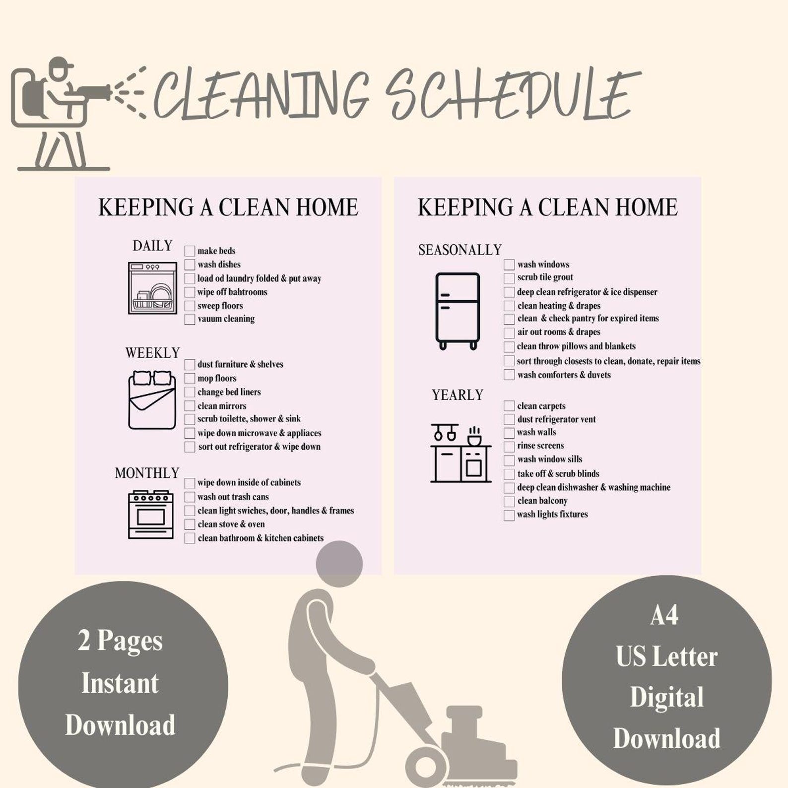 Daily Weekly Monthly, Yearly, Seasonal Bundle Deep Cleaning Chart ...