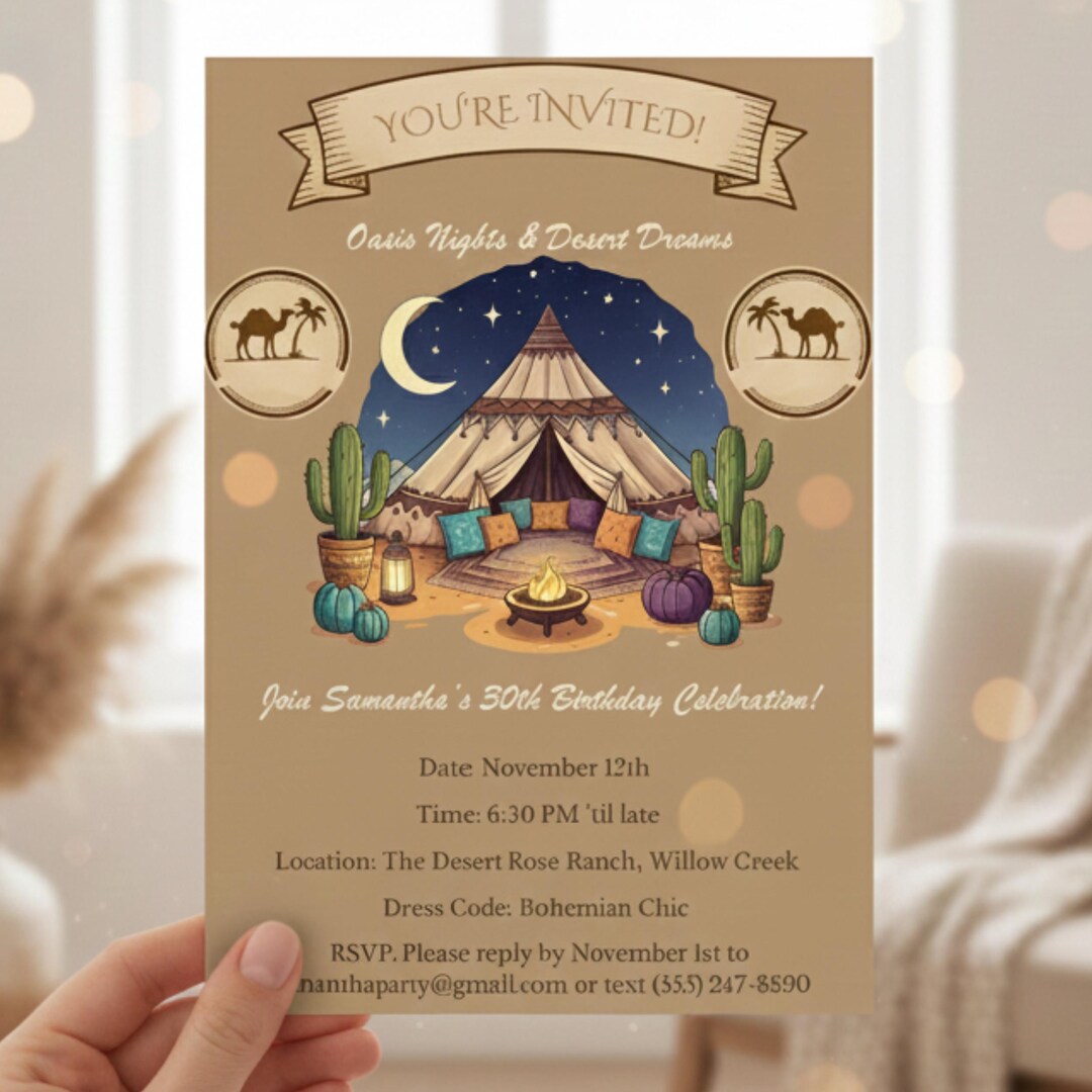 Desert Party Invitation, Boho Oasis Night Canva Template (digital ...