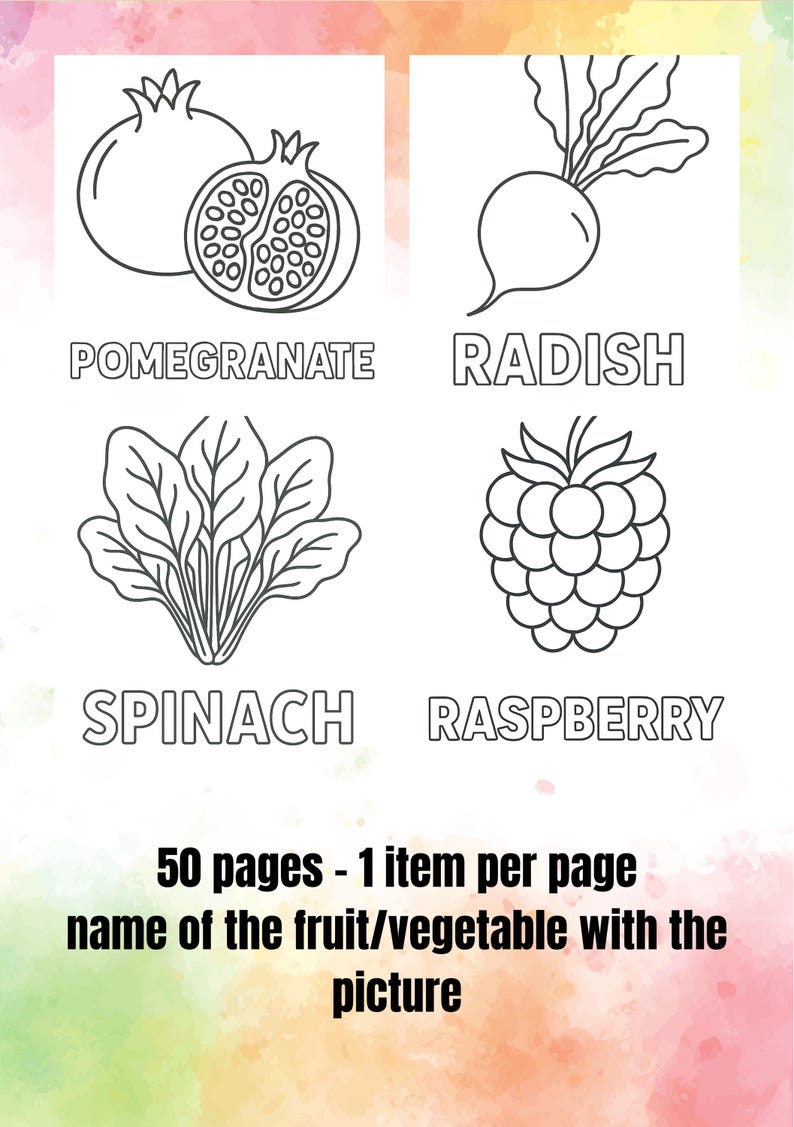 Fruit & Vegetable Coloring Book for Kids: 50 Printable Pages (PDF ...