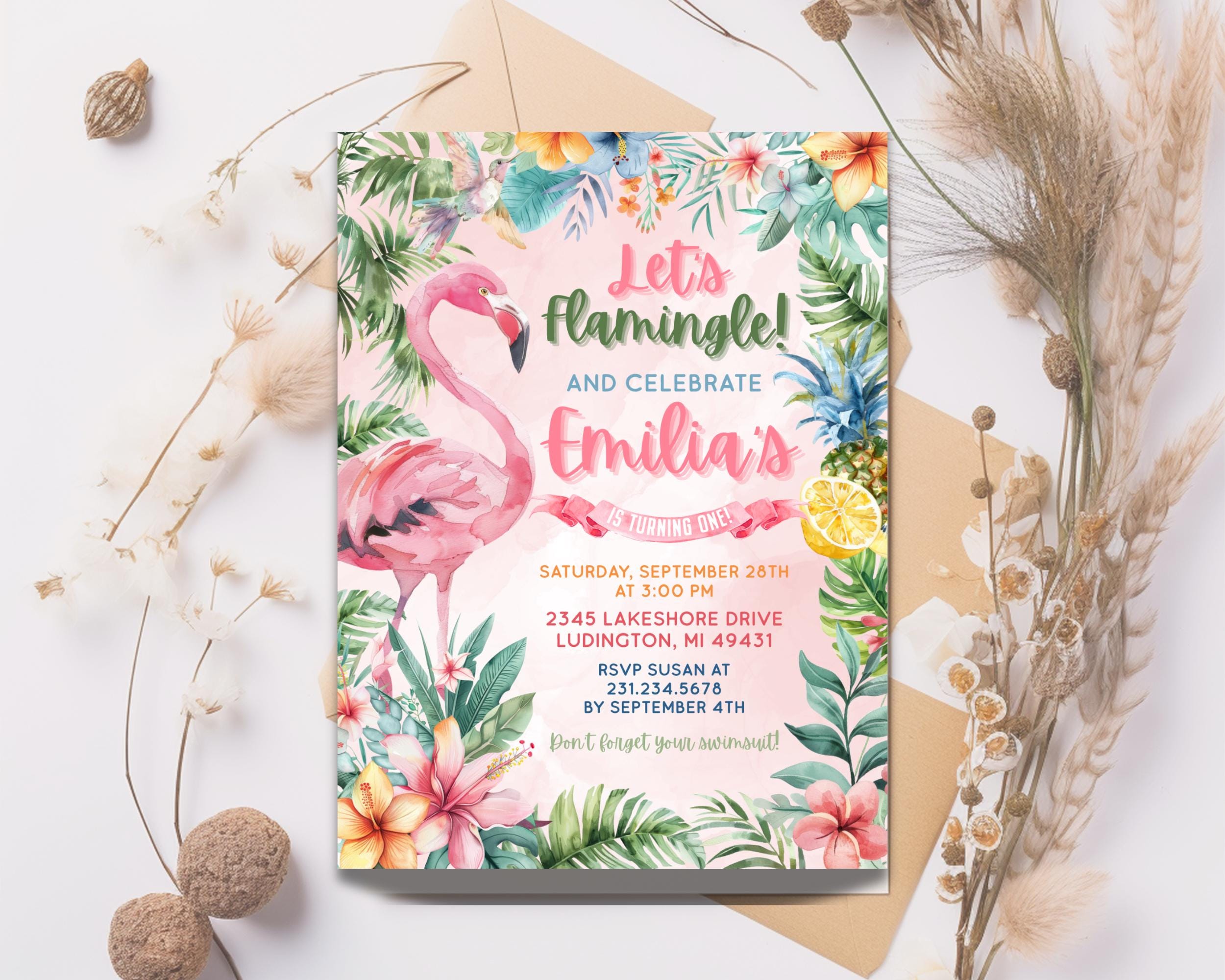 Editable Let's Flamingle Birthday Invitation | Tropical Flamingo Party ...
