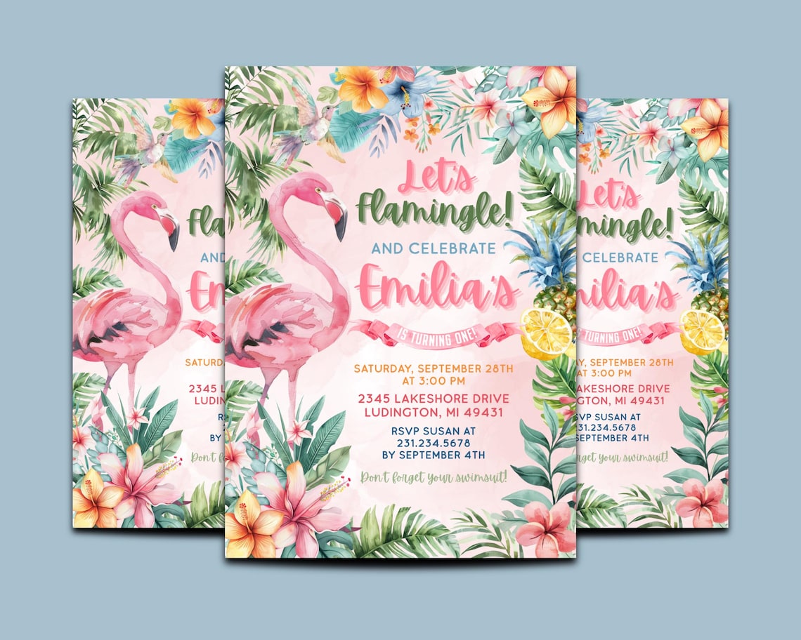 Editable Let's Flamingle Birthday Invitation | Tropical Flamingo Party ...