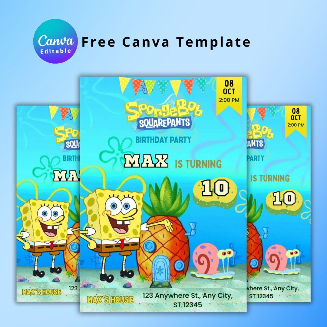 Editable Spongebob Birthday Invitation Template: Printable Kids Party ...