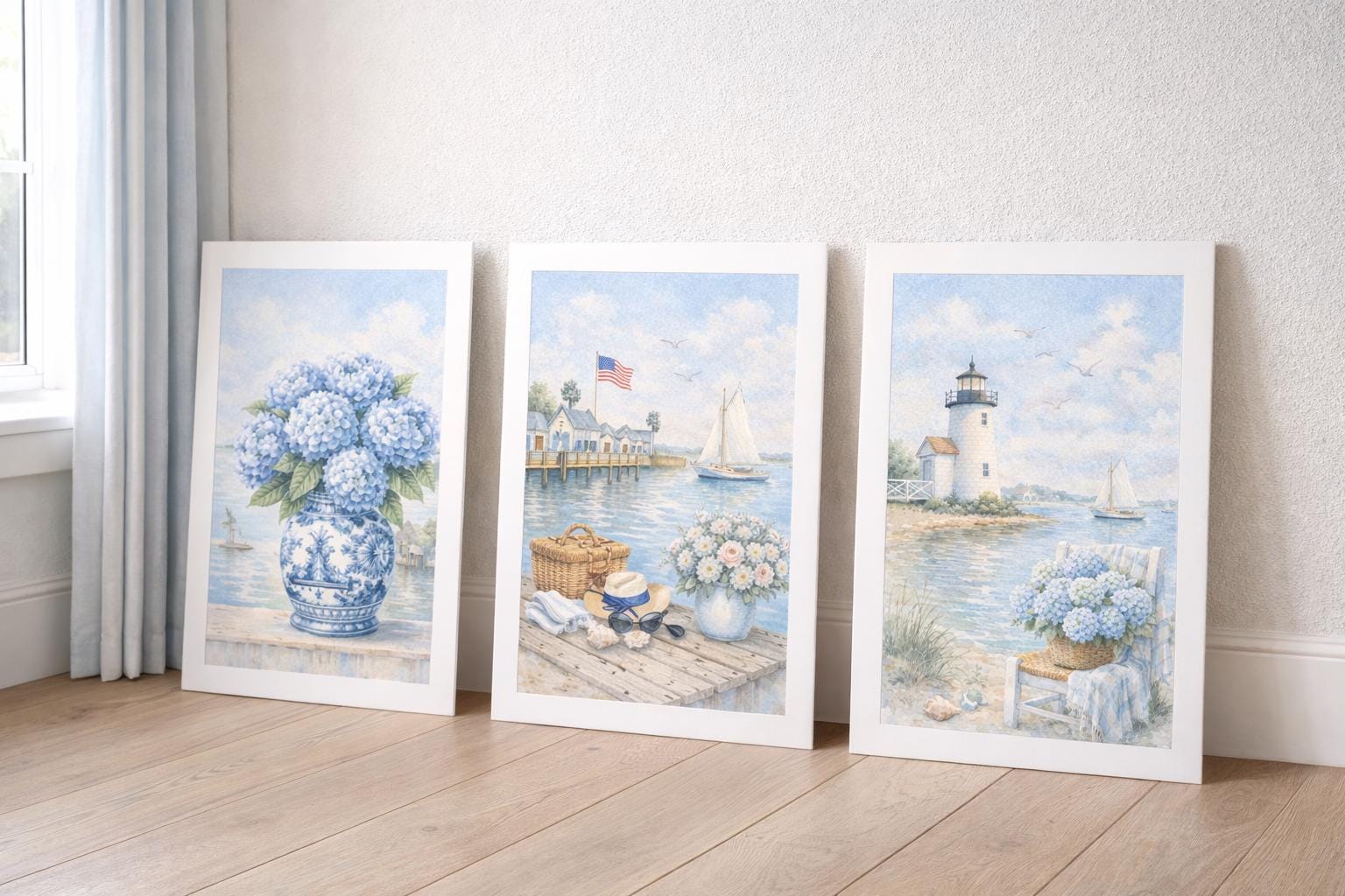 Nantucket Coastal Trio Printable | Blue Hydrangea Ginger Jar Wall Art ...