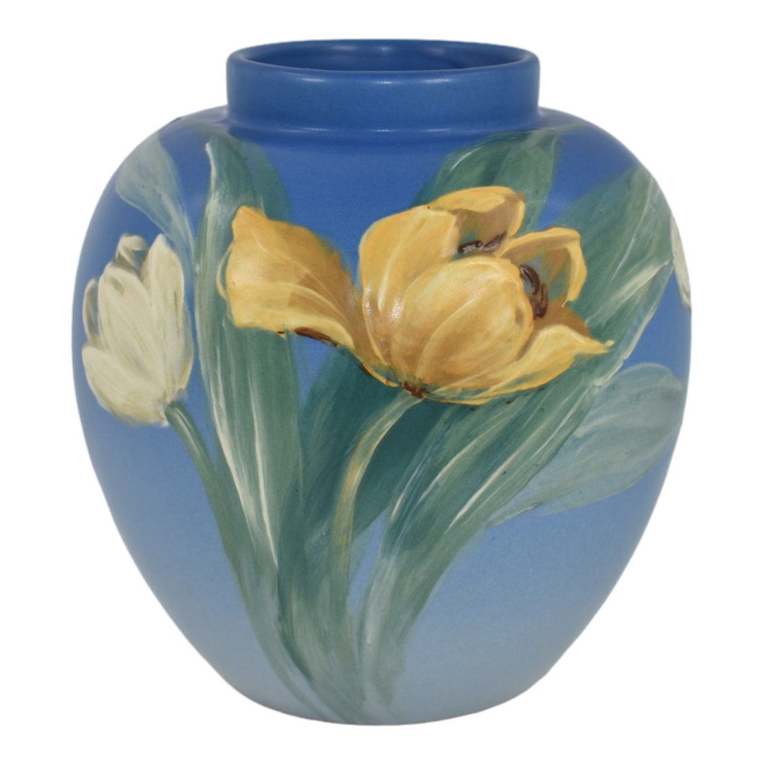 Weller Hudson 1920s Art Pottery Tulips Blue Bulbous Ceramic Vase T-10 ...