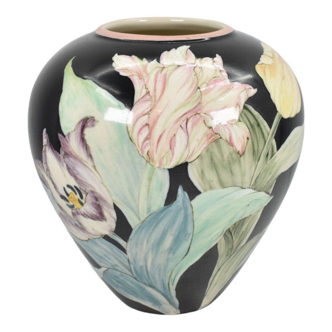 Santa Barbara Ceramic Design 1986 Art Pottery Hand Painted Floral Black ...