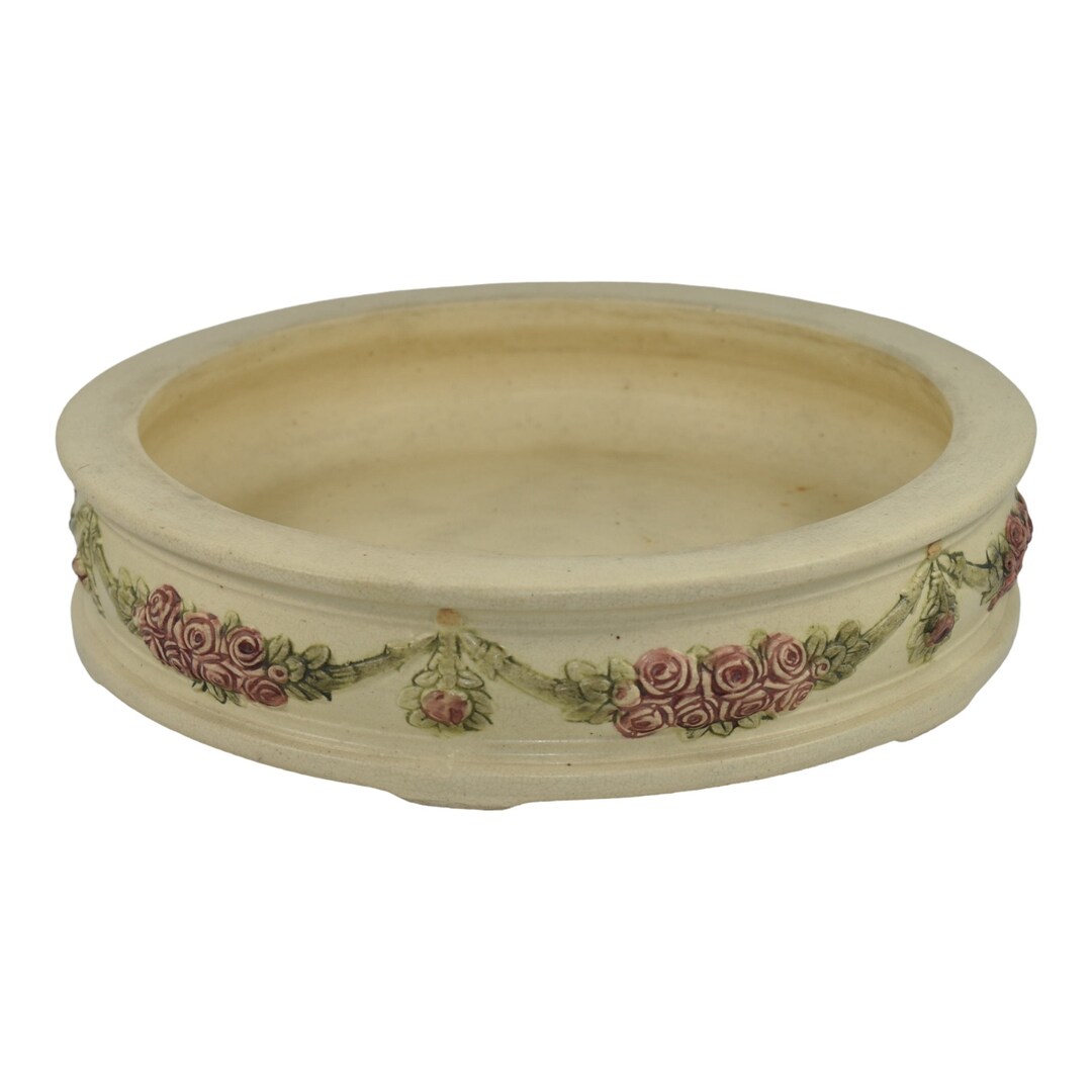 Weller Roma 1910-20s Vintage Art Pottery Red Rose Garland Ivory Planter ...