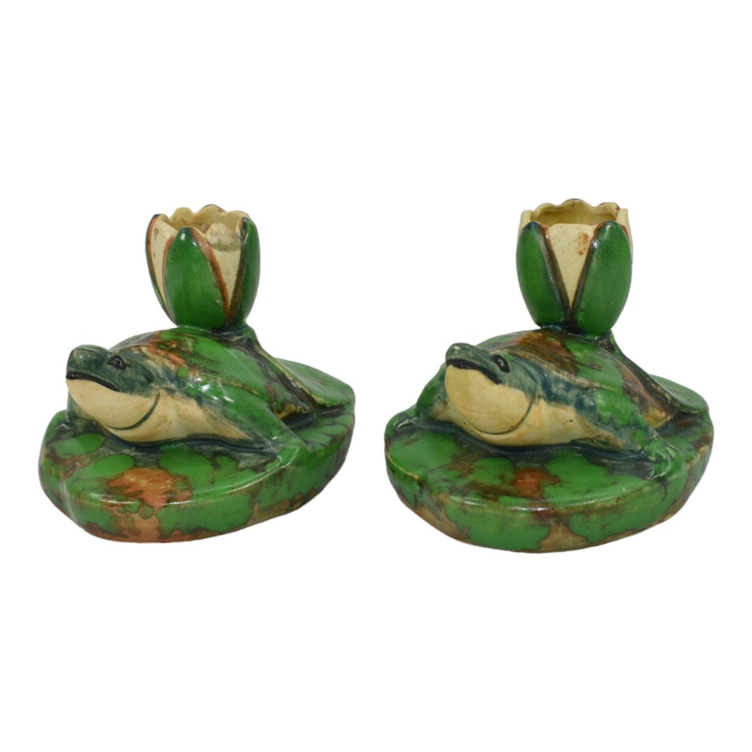 Weller Coppertone 1920s Art Pottery Green Turtle Lily Pad Flower Candle ...