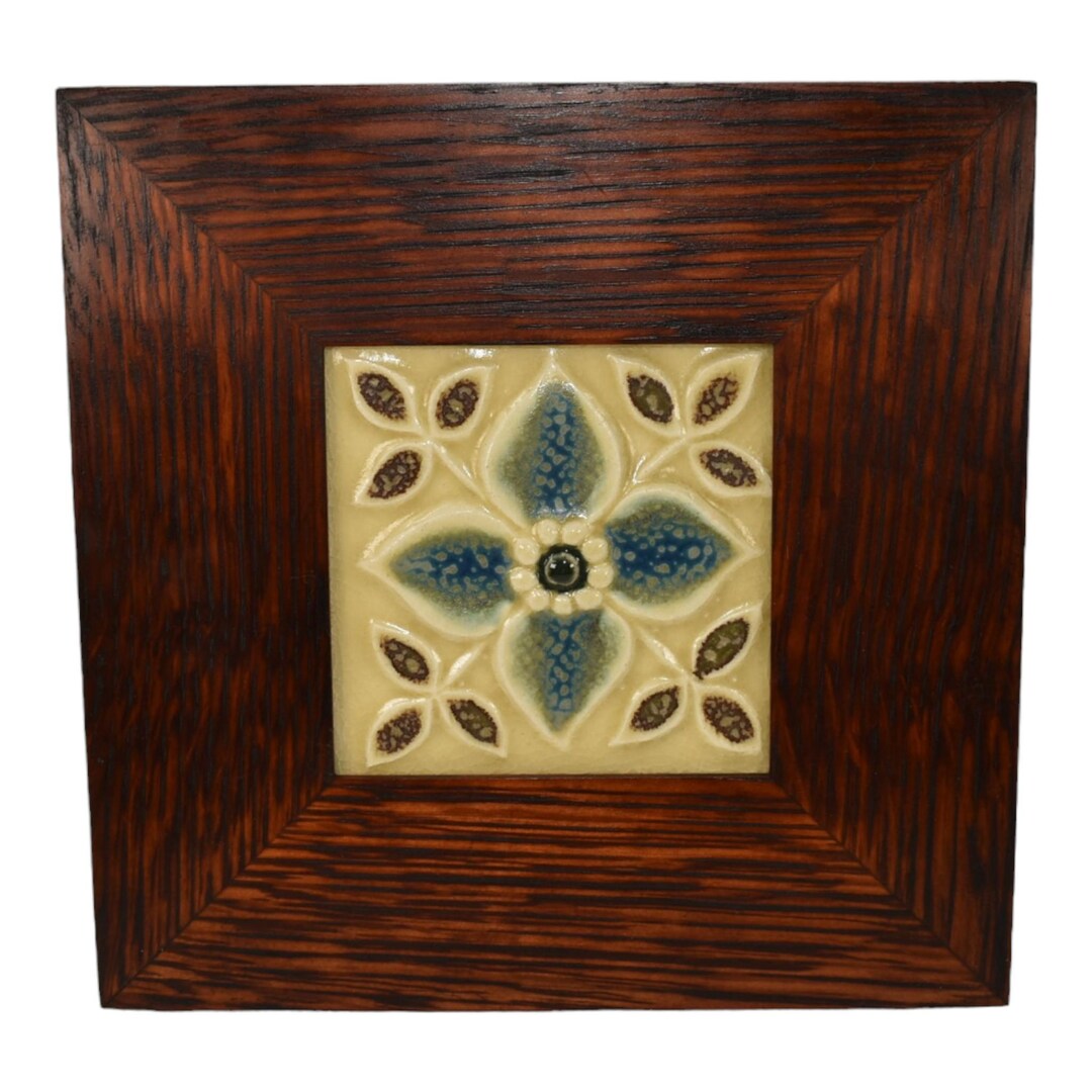 Motawi Tileworks Pottery Blue Flower With Brown Leaves Ceramic Framed ...