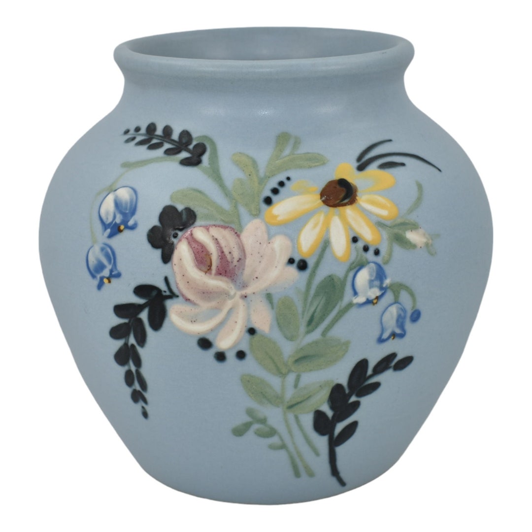 Weller Hudson 1920s Art Pottery Hand Painted Floral Blue Ceramic Vase ...