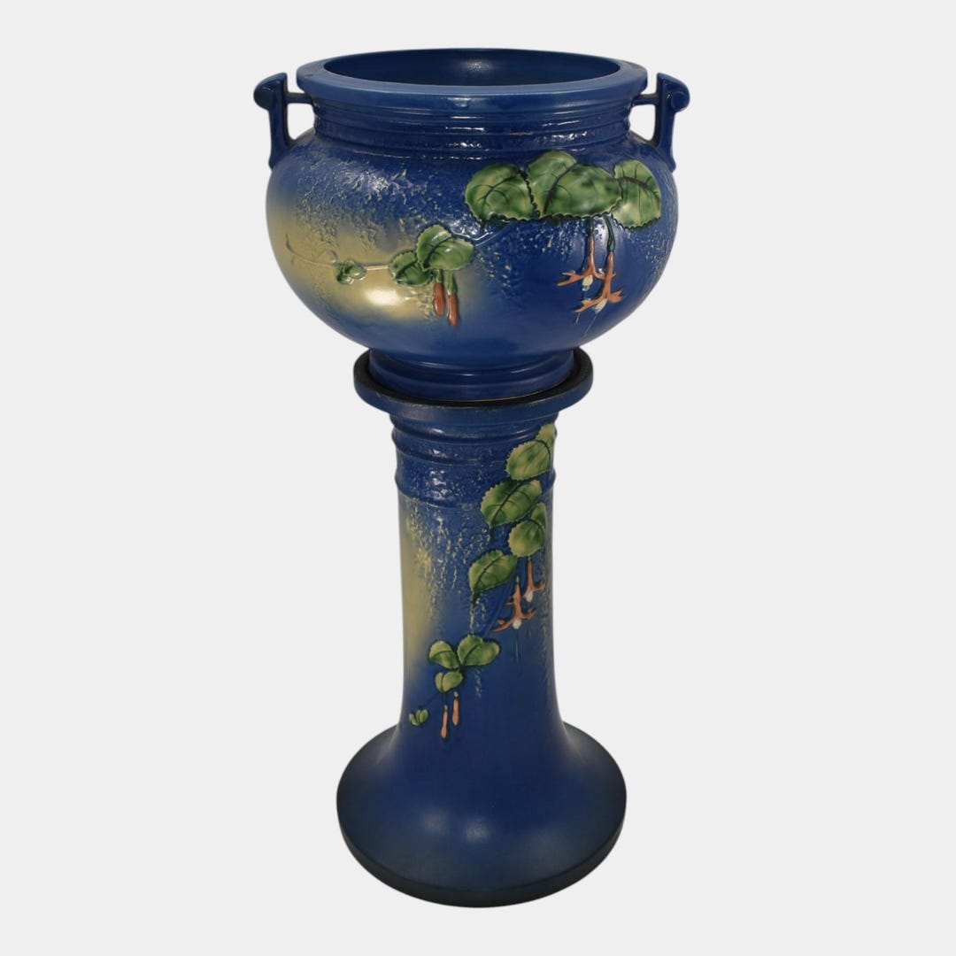 Roseville Fuchsia Blue 1938 Vintage Art Pottery Jardiniere and Pedestal ...