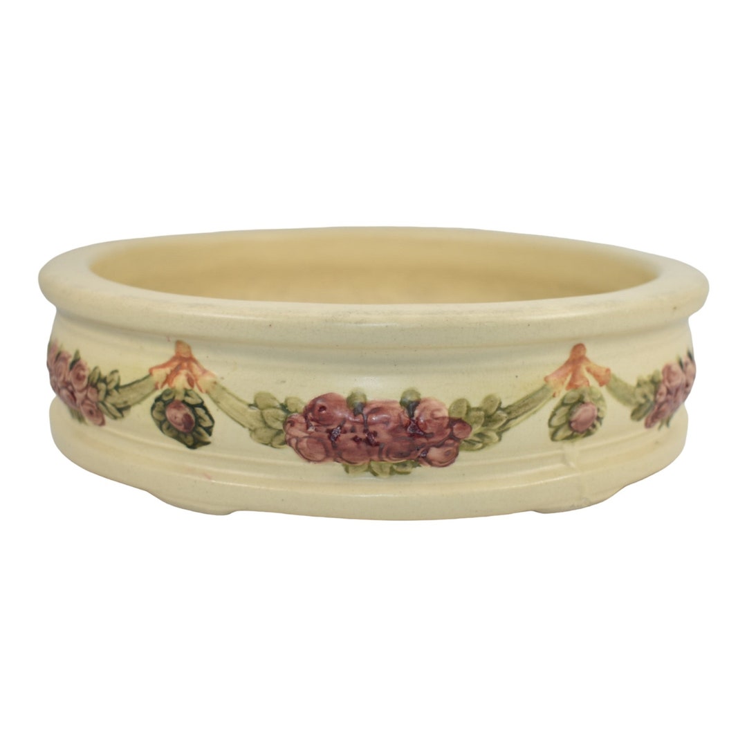 Weller Roma 1910-20s Vintage Art Pottery Red Rose Garland Ivory Planter ...
