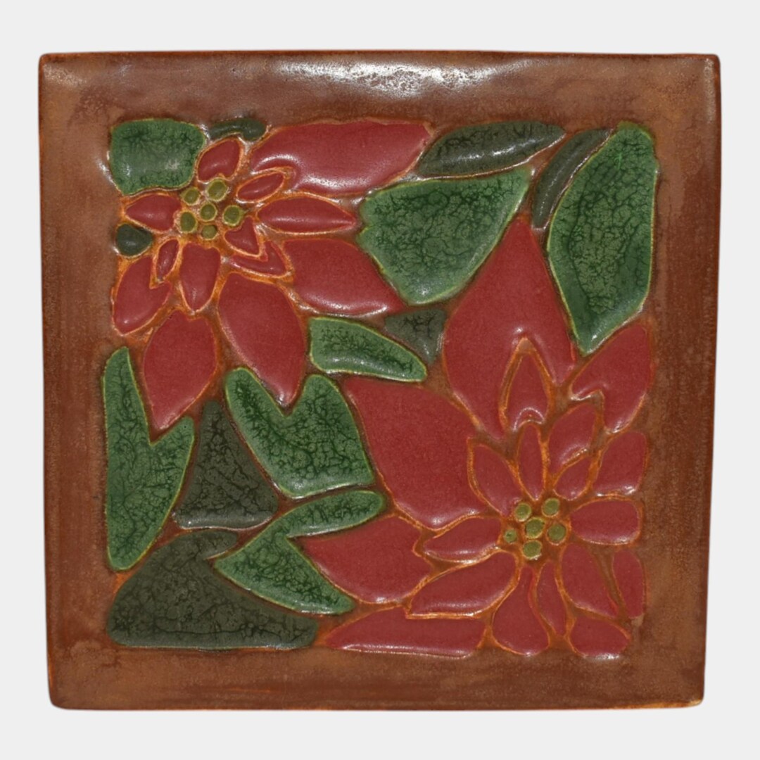 Ephraim Faience 2019 Hand Made Art Pottery Red Poinsettia Ceramic Tile ...