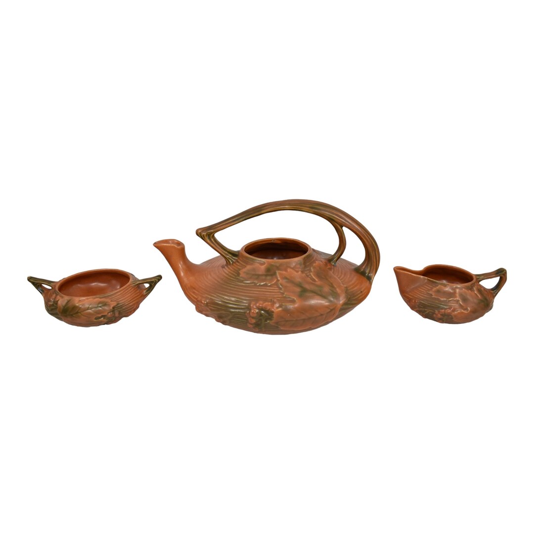 Roseville Bushberry Russet 1941 Pottery Teapot Sugar Bowl Creamer Tea ...