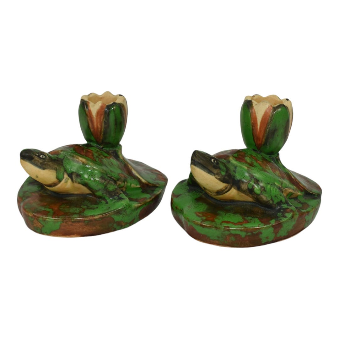 Weller Coppertone 1920s Art Pottery Green Turtle Lily Pad Flower Candle ...
