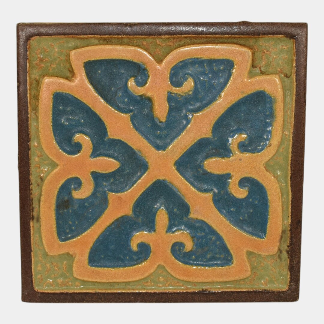 Flint Faience 1920s Vintage Art Pottery Blue Tan Geometric Ceramic Tile ...