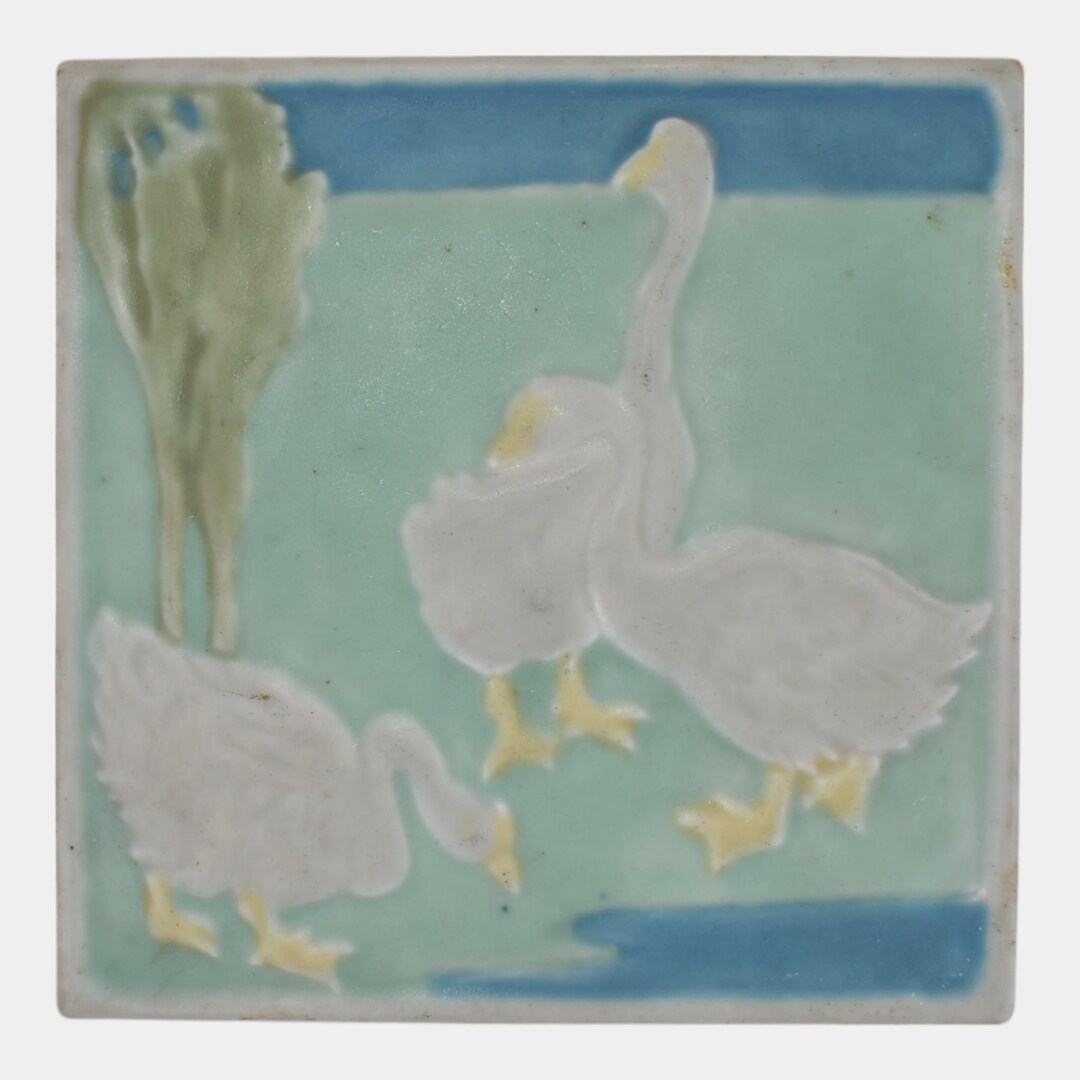 Rookwood 1925 Vintage Pottery White Geese Green Blue Ceramic Trivet ...