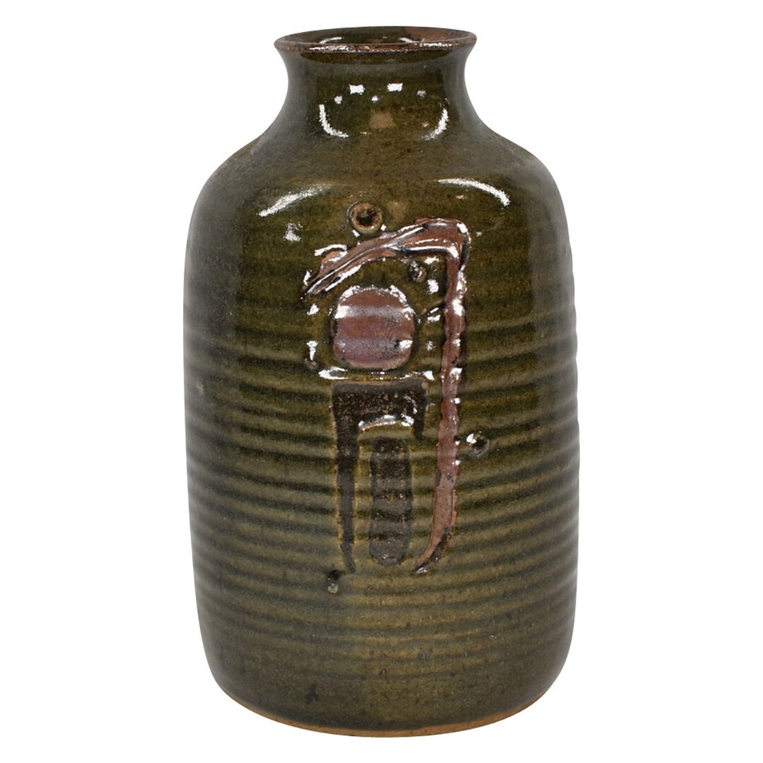 Kate Inskeep Studio Pottery Mottled Olive Green Asian Motif Stoneware ...
