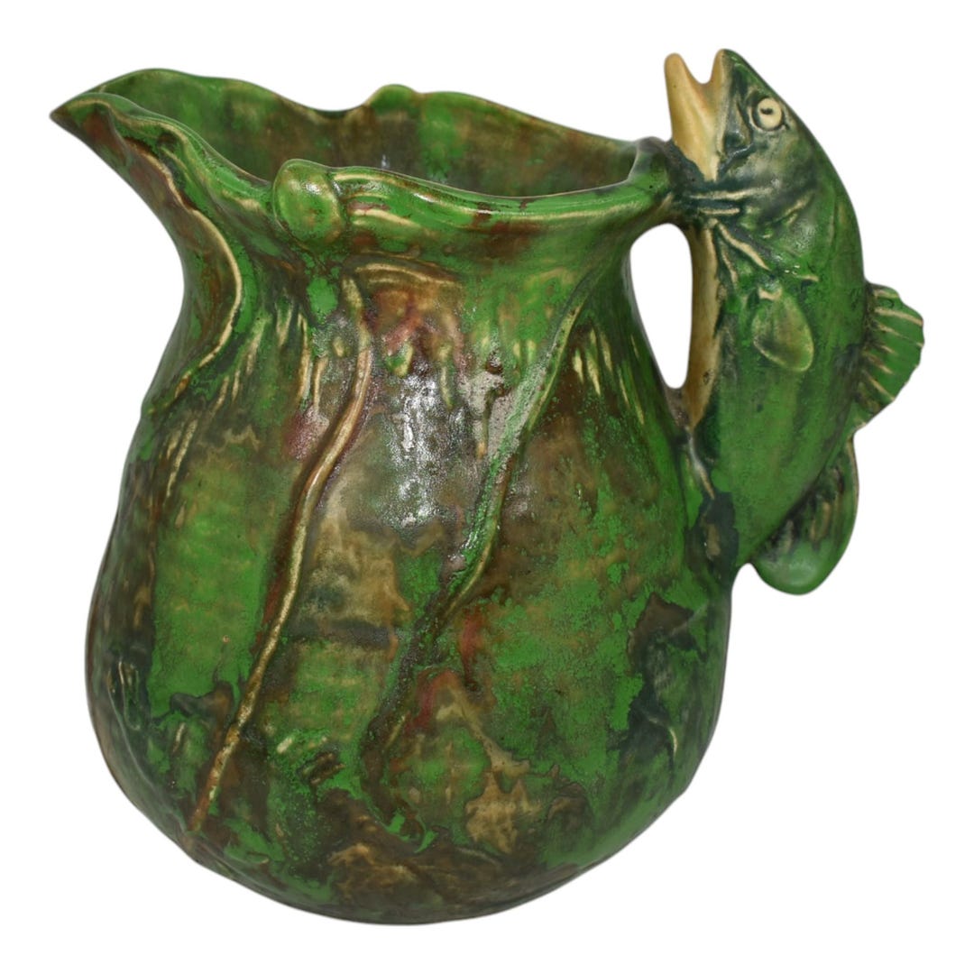 Weller Coppertone 1920s Vintage Art Pottery Green Fish Handled Pitcher ...