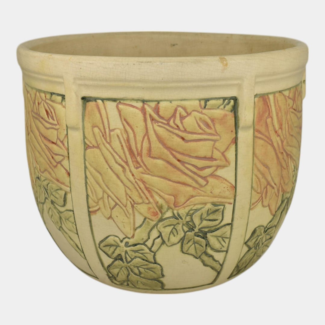 Weller Roma 1910s Vintage Art Pottery Floral Ivory Ceramic Jardiniere ...