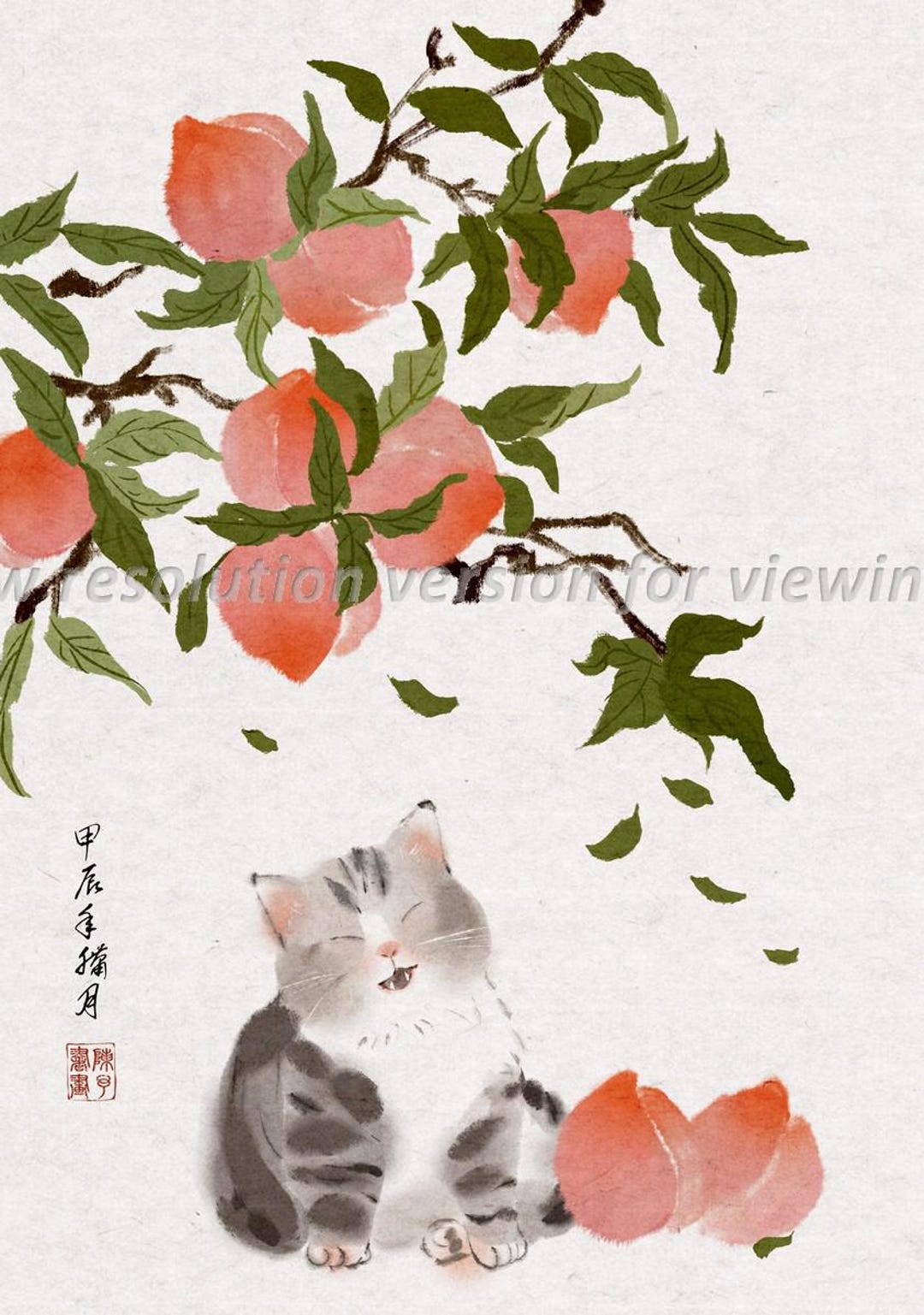 Smiling Tabby Cat With Peaches – Chinese Ink Painting Digital Download ...