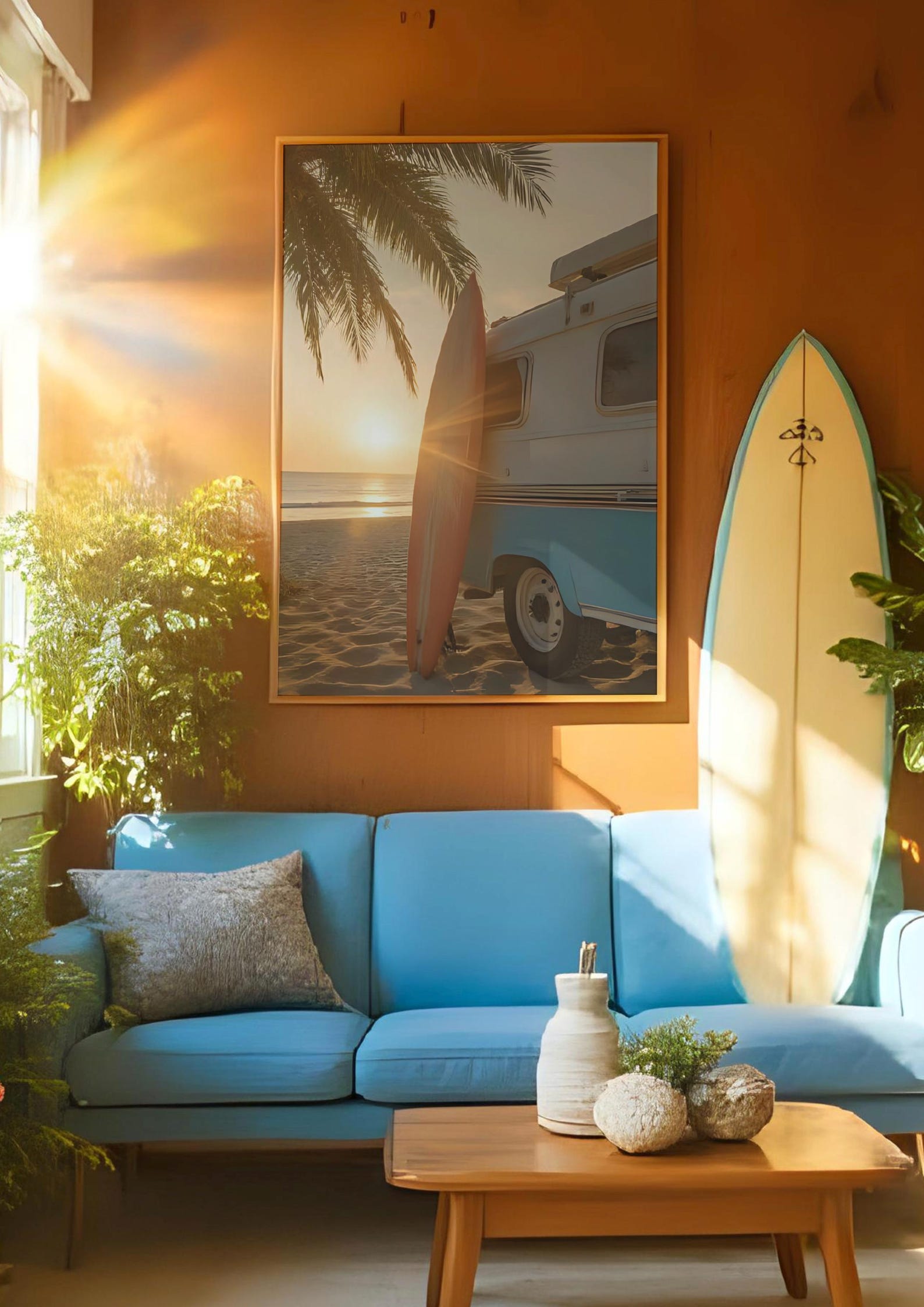 Retro Surf Van Print: Blue Camper, Orange Surfboard (digital Download ...