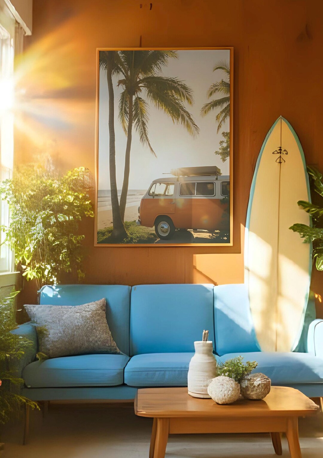 Retro Camper Van Beach Print: Orange VW Bus, Tropical Vanlife (digital ...