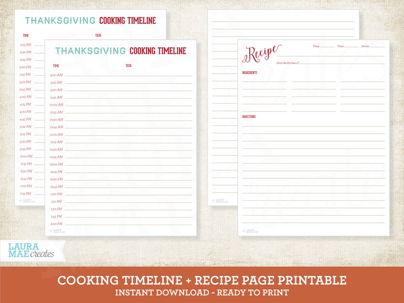 Thanksgiving Cooking Timeline & Recipe Card Meal Planning Printable ...