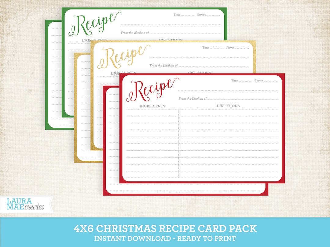 Christmas 4x6 Printable Recipe Card Set - Editable Recipe Card FREE ...