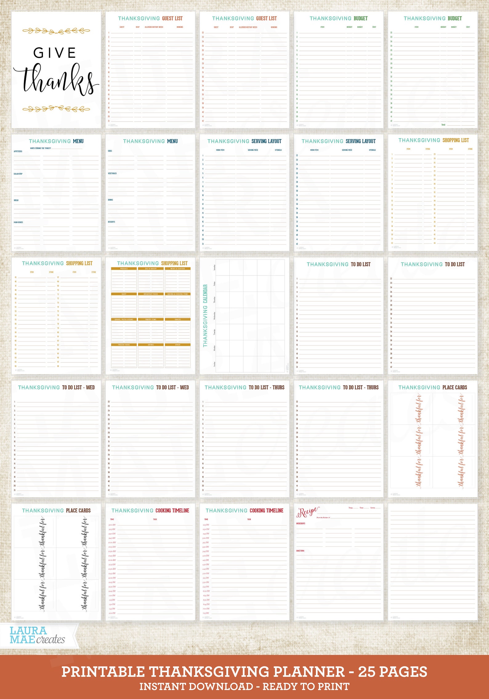 Printable Thanksgiving Planner - 8.5x11 25 Pages, Holiday Planner ...
