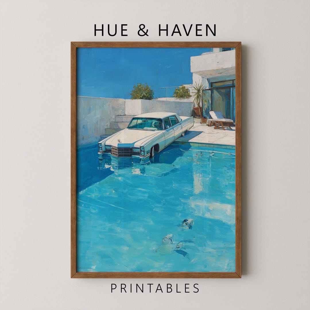 Retro Cadillac in Swimming Pool Art Print: Palm Springs Summer Decor ...