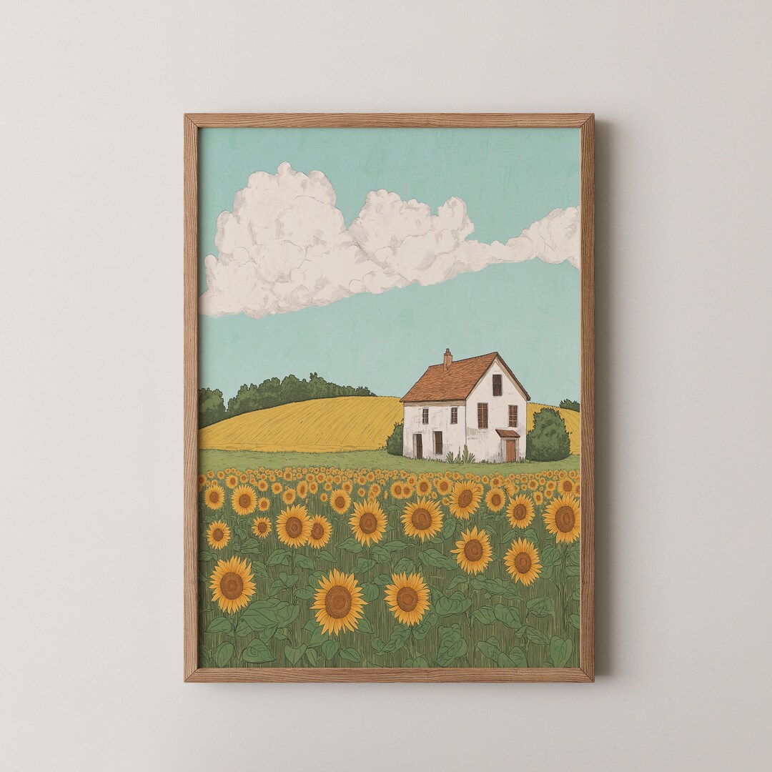 Sunflower Field Print, French Country Floral Farm Watercolor Painting ...