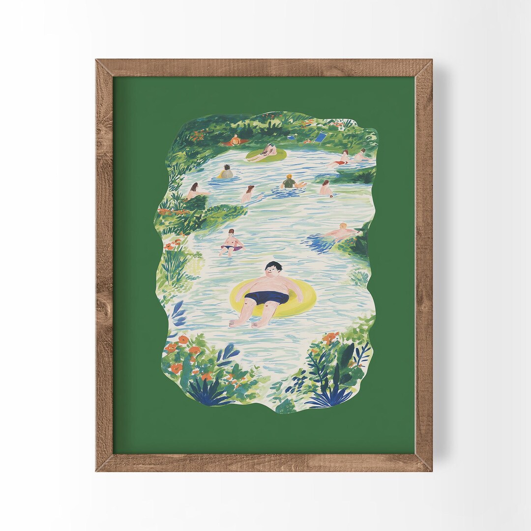 Eclectic Swimming Art Print Summer Float Print Whimsical Green Painting ...