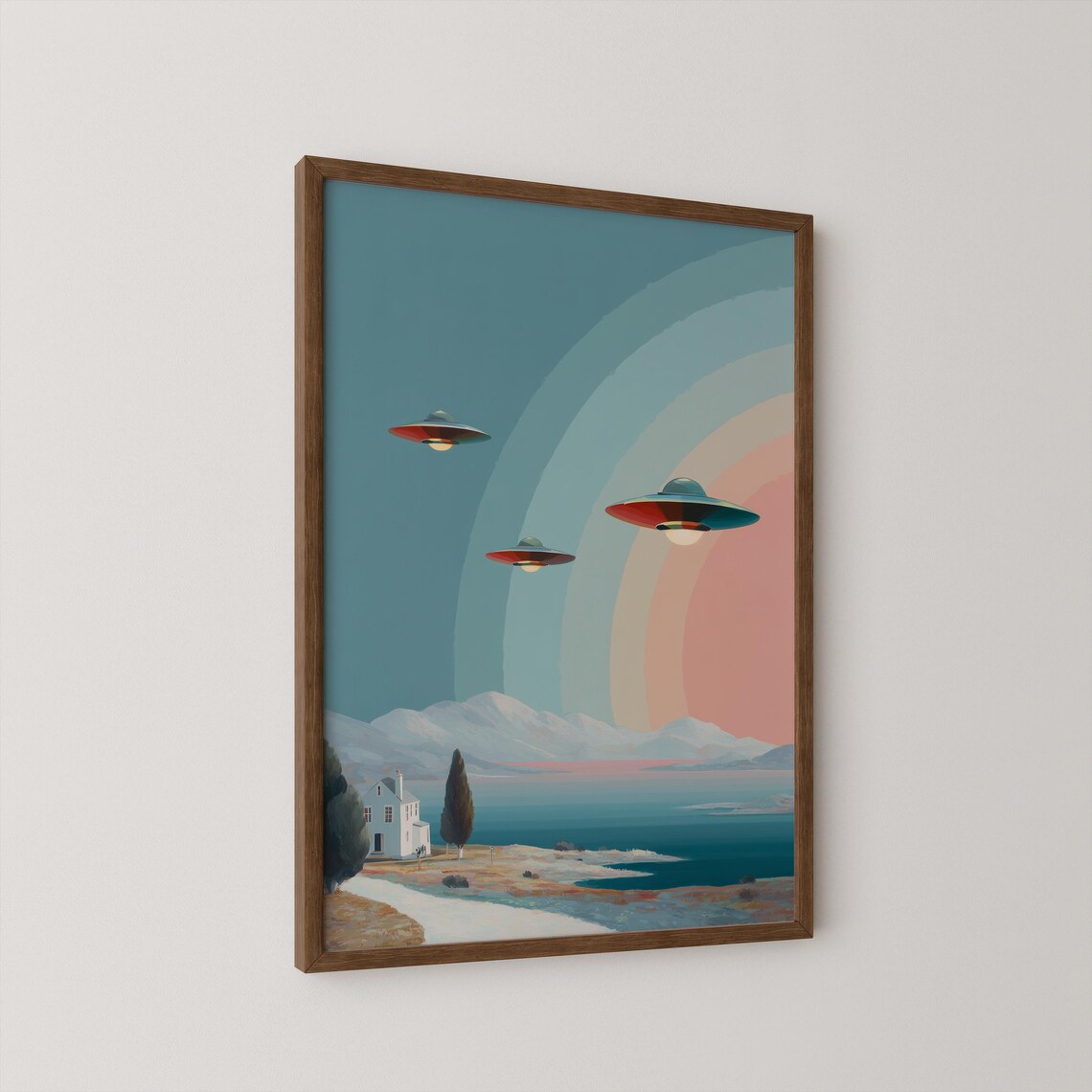 Retro UFO Spaceship Art Print Midcentury Flying Saucer Poster, Surreal ...
