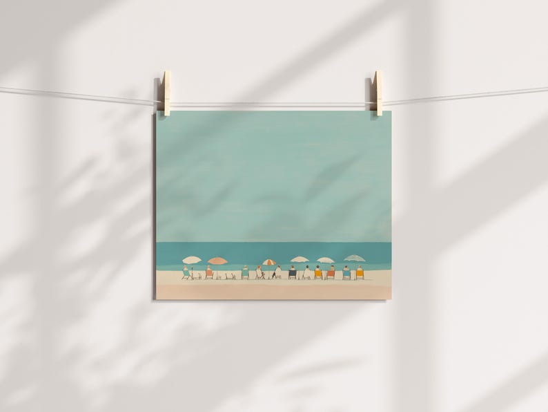 Vintage Beach Day Print: Tiny People Swimming, Coastal Wall Art ...
