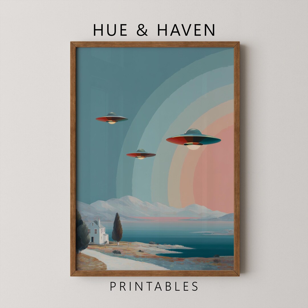 Retro UFO Spaceship Art Print Midcentury Flying Saucer Poster, Surreal ...