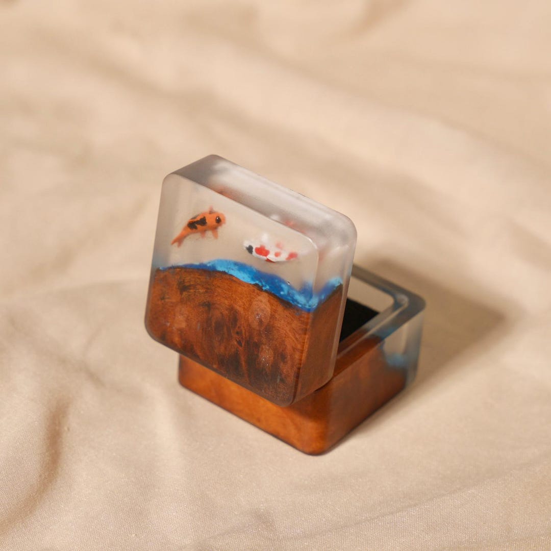 Koi Fish Diorama Engagement Ring Box, Amboyna Burl Resin Ring Box - Etsy