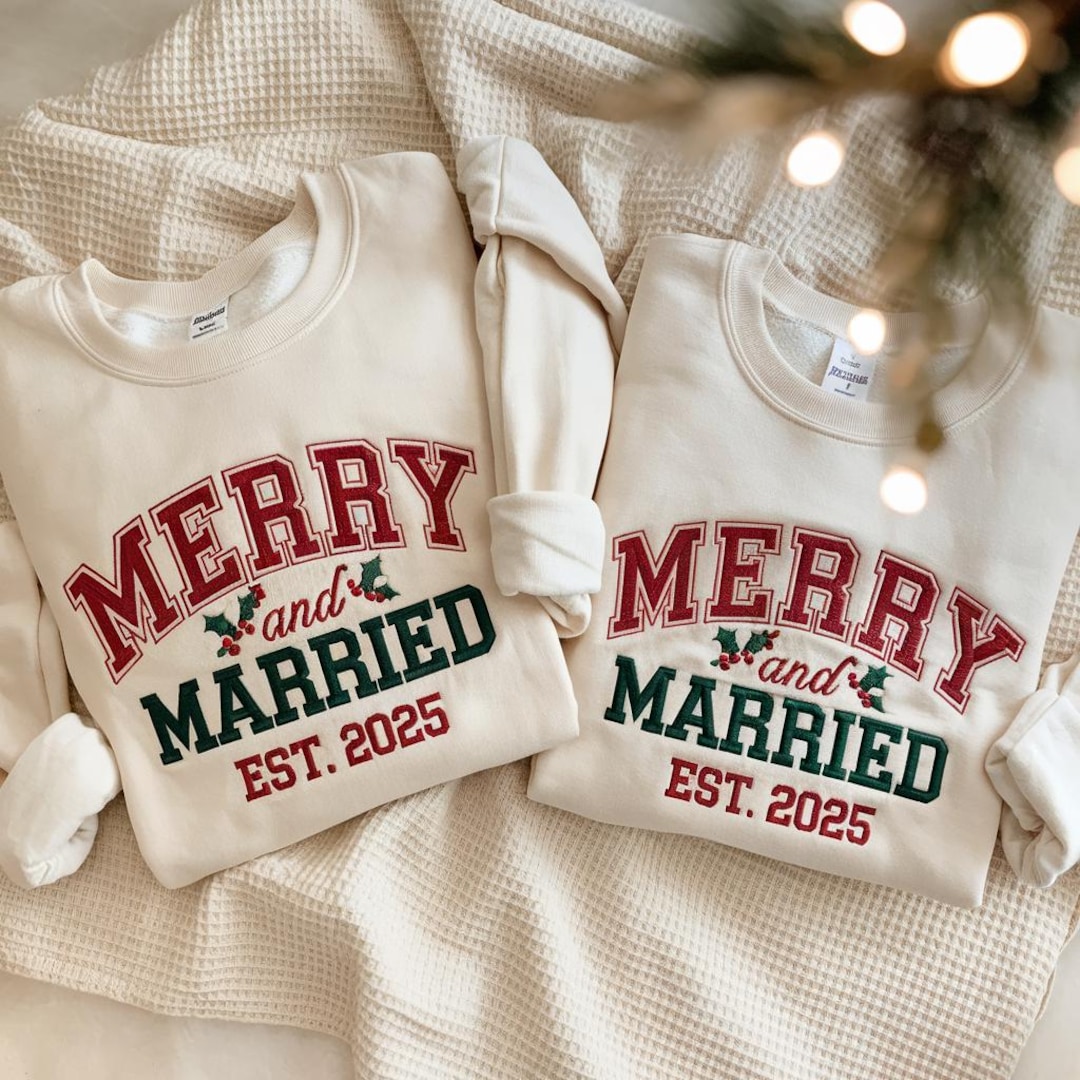 EMBROIDERED Merry and Married Sweatshirt, Christmas Newlywed Matching ...