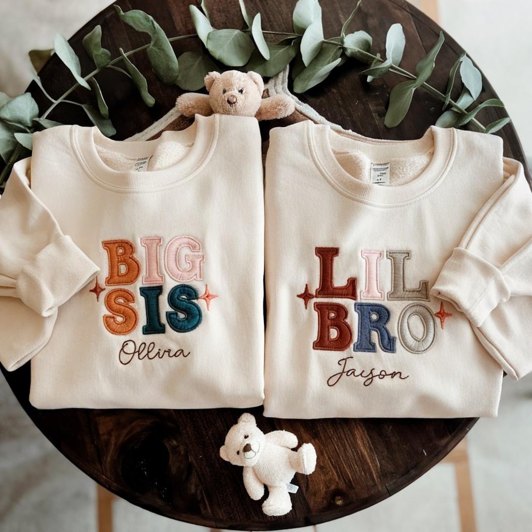 Big Sis Lil Bro Embroidered Sweatshirt Set, Custom Name Sibling Sweater ...