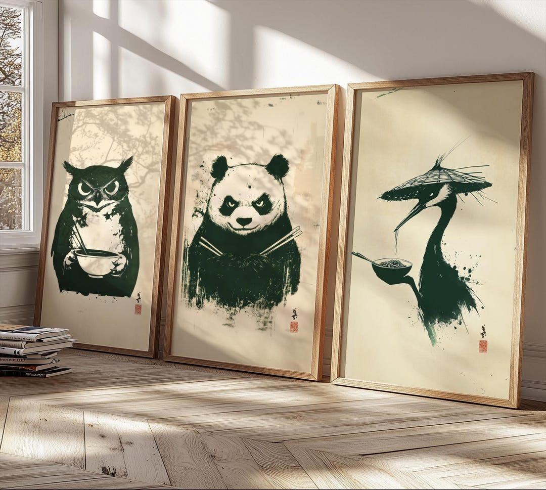 Japanese Spirit Animals: Owl, Panda and Crane | Set of 3 | Triptych of ...