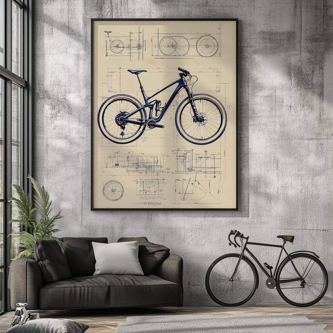 MTR Bicycle Blueprint Art - Mountain Bike Technical Drawing | Printed ...