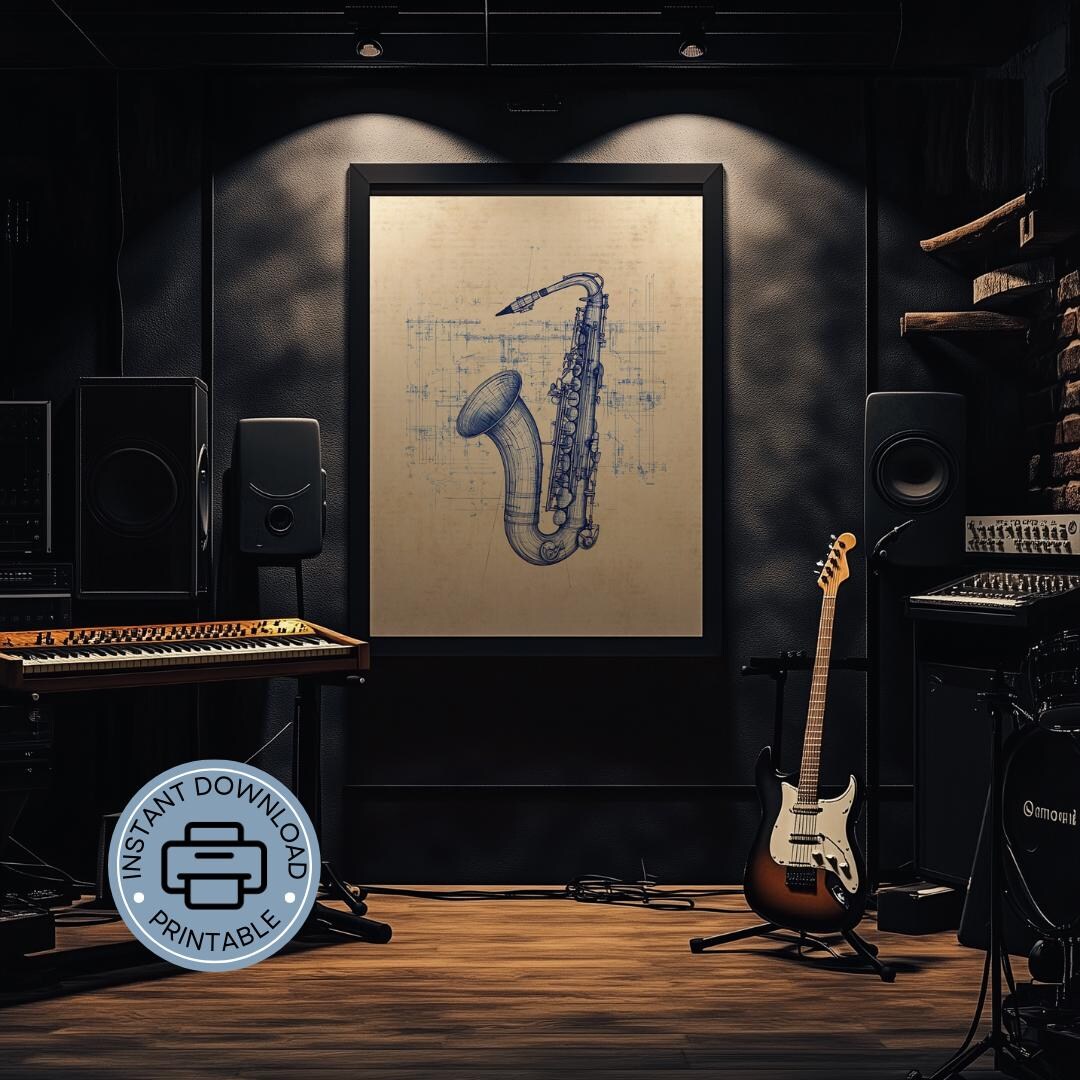 Saxophone Blueprint - Digital Printable Vintage Wall Art for Music ...