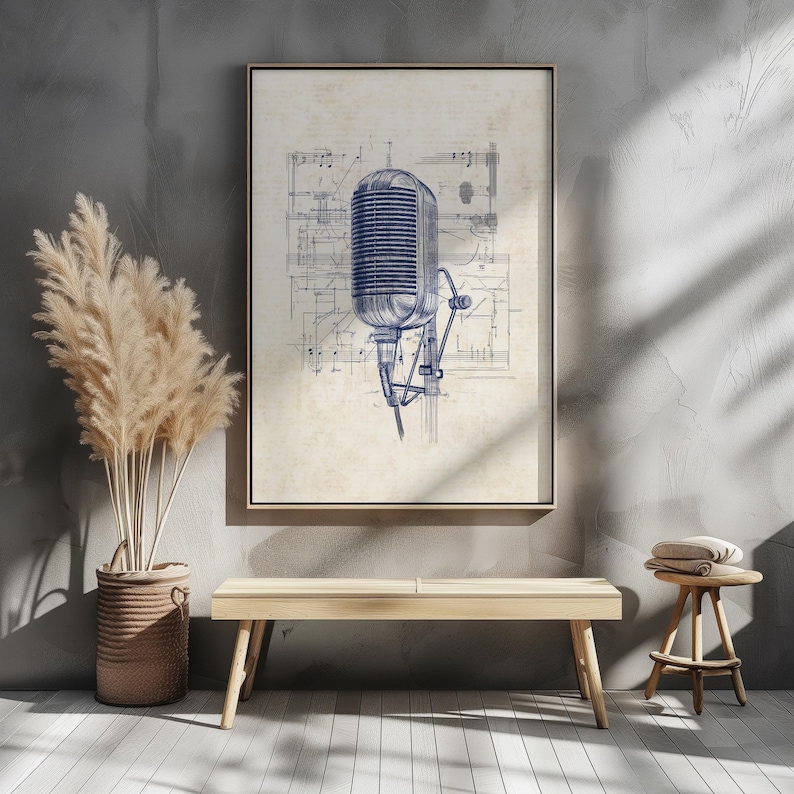 Vintage Microphone Blueprint - Musical Instrument Drawing - Unique ...