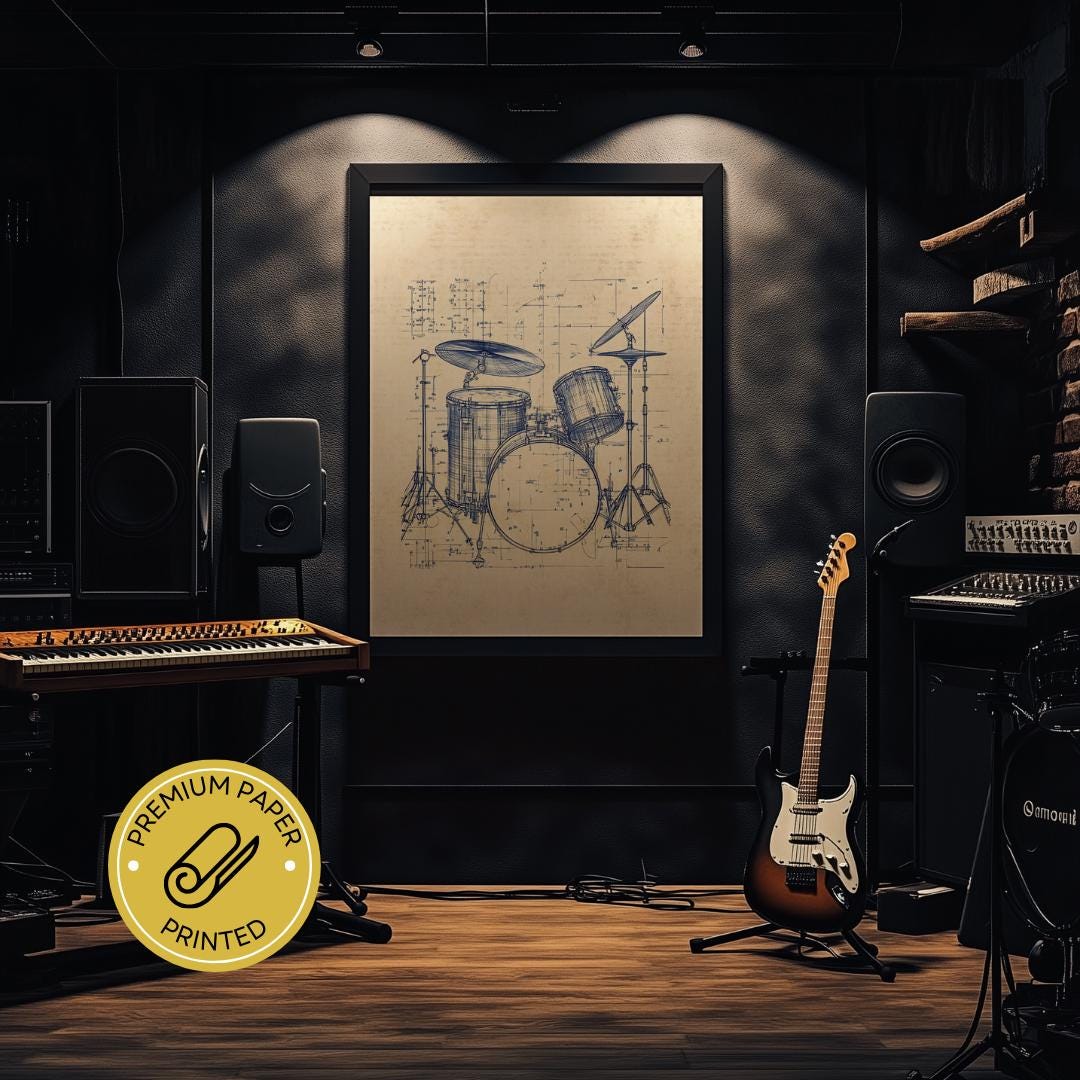 Drum Set Blueprint Art: Vintage Musical Instrument Print - Etsy