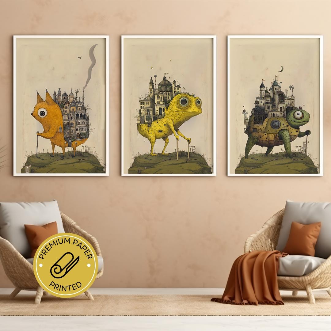 Mythical Creatures Trio - Surreal Animal Architecture Art - Set of 3 ...