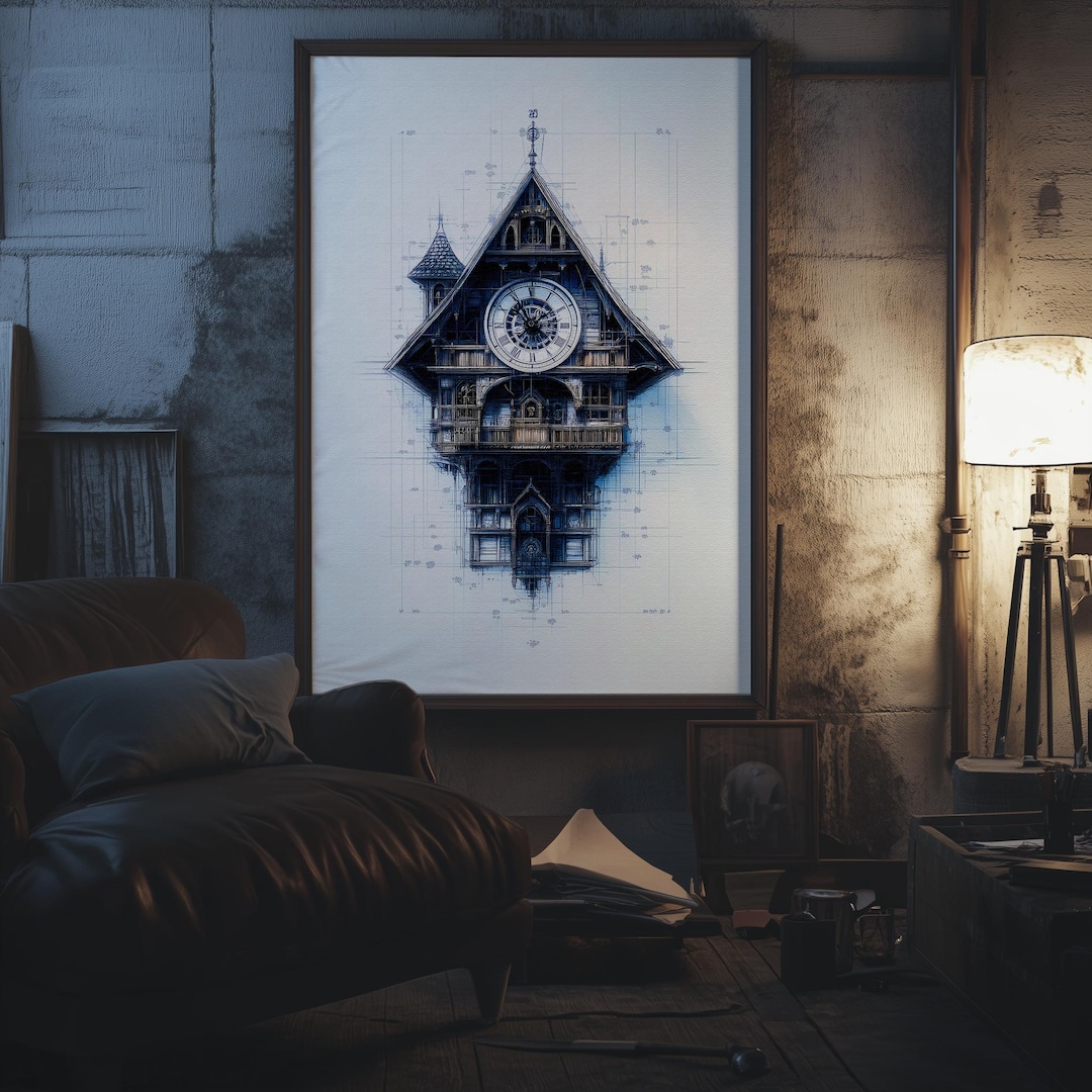 Cuckoo Clock Blueprint - Vintage Mechanical Clock Illustration Printed ...