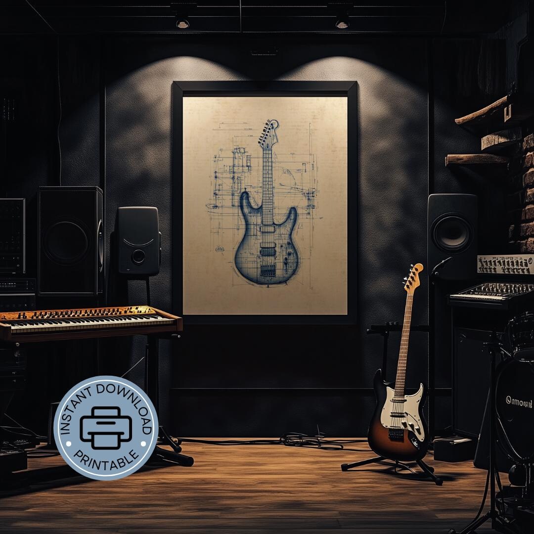 Electro Guitar Blueprint - Musical Instrument Drawing - Unique ...