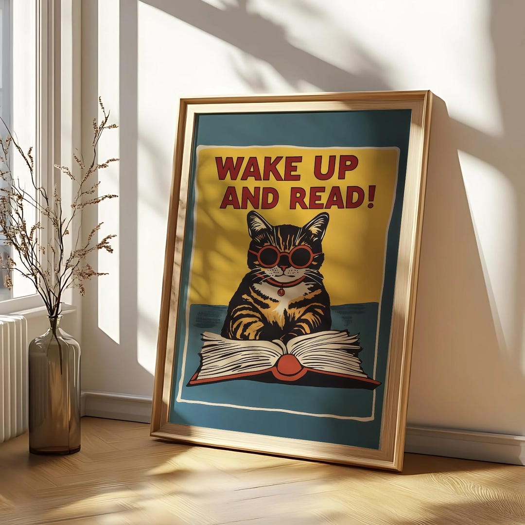Cat Reading Poster: Feline Book Lover Wall Art (printed or Digital) - Etsy