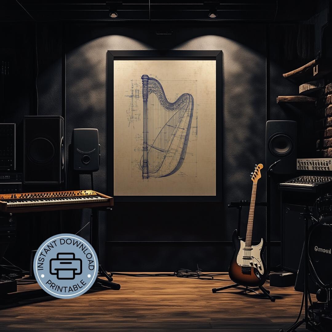 Vintage Harp Blueprint Digital Printable Vintage Wall Art for Music ...